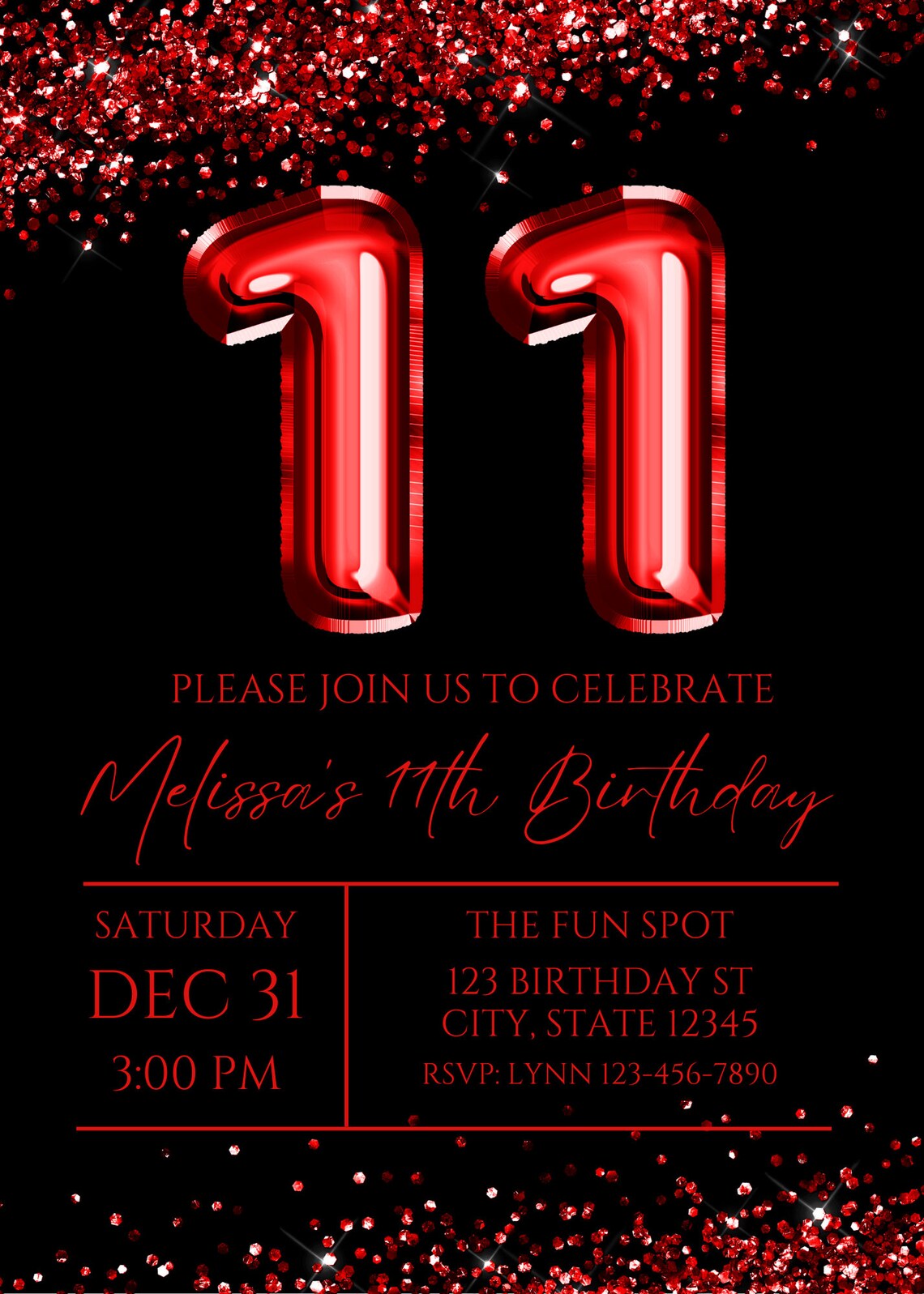 Editable 11th Birthday Invitation, Red and Black Invitation, Red 11 ...