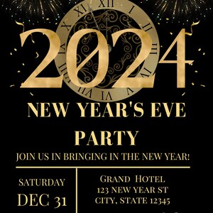 Editable New Years Eve Invitation, New Years Party 2024, Black and Gold ...