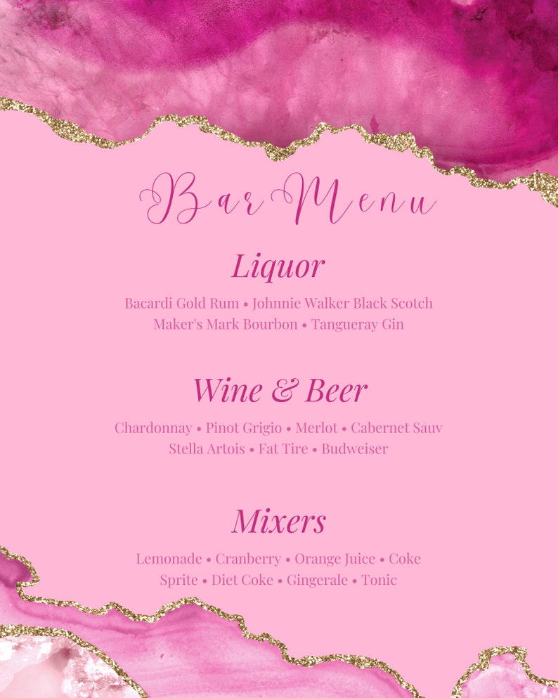 Editable Pink and Gold Bar Menu Card Template Full Size Menu - Etsy