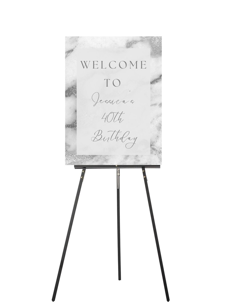 Editable White and Silver Birthday Welcome Sign Marble - Etsy