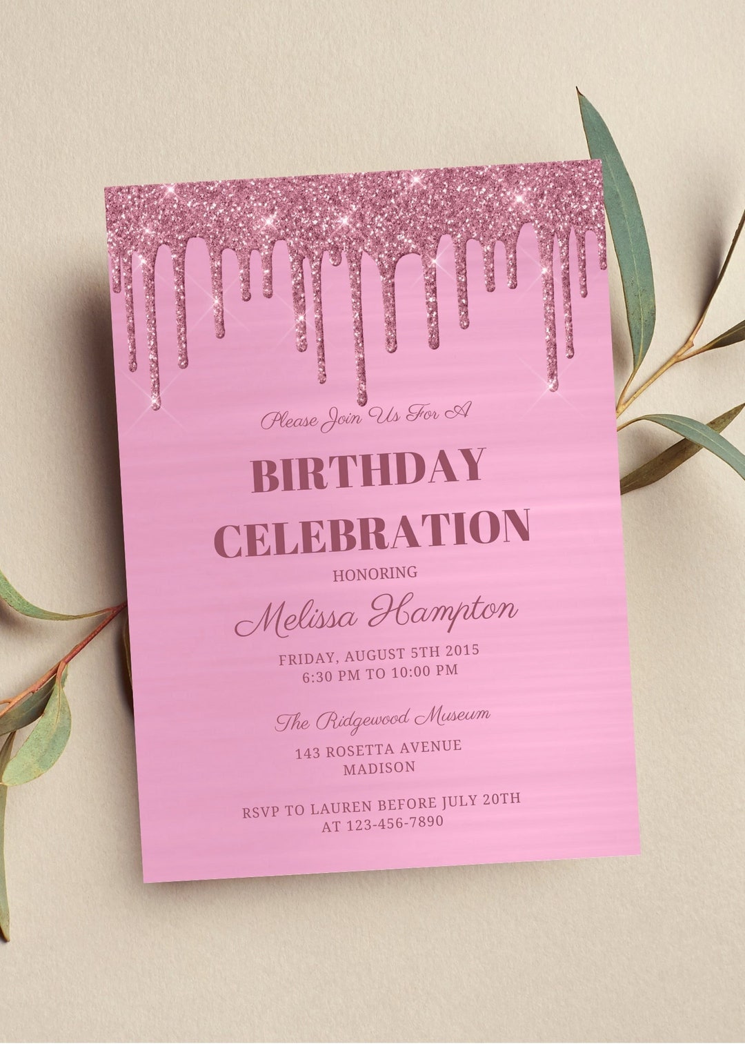 Editable Pink Birthday Invitation, Pink Glitter Drip, Dripping Glitter ...