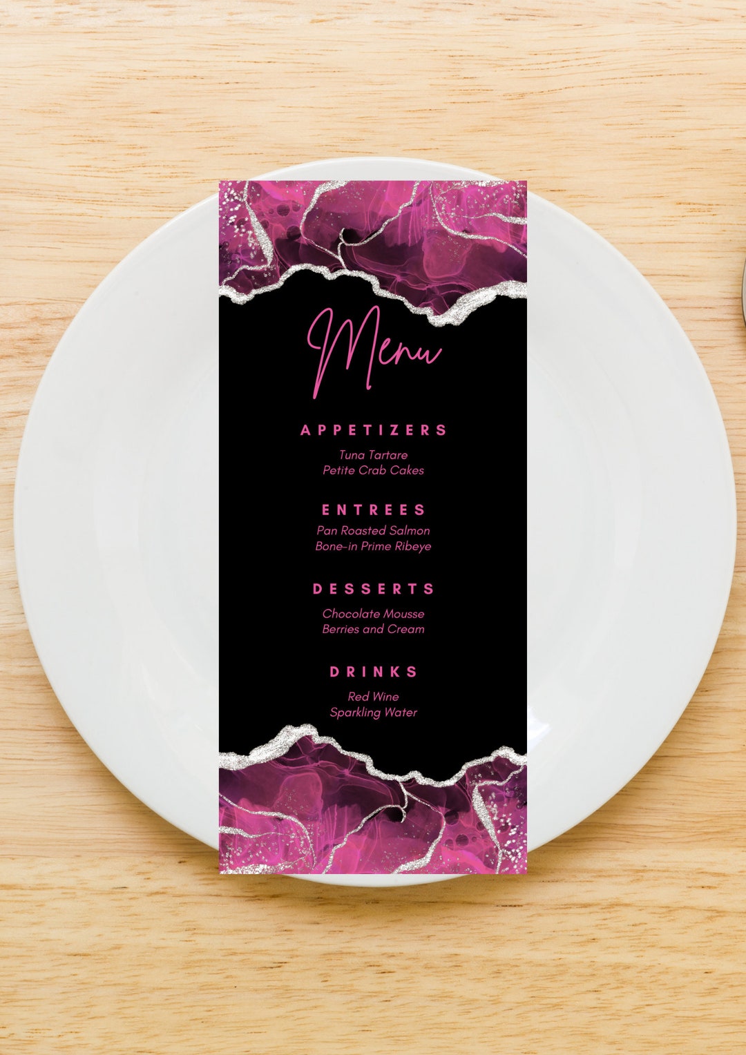 Editable Menu Card Template, Pink and Black, Birthday, Dinner Menu ...