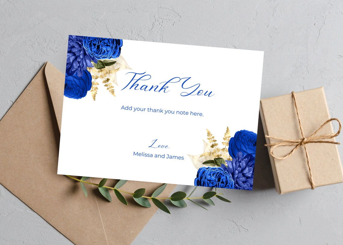 Printable Thank You Card Editable Royal Blue and Gold Floral - Etsy