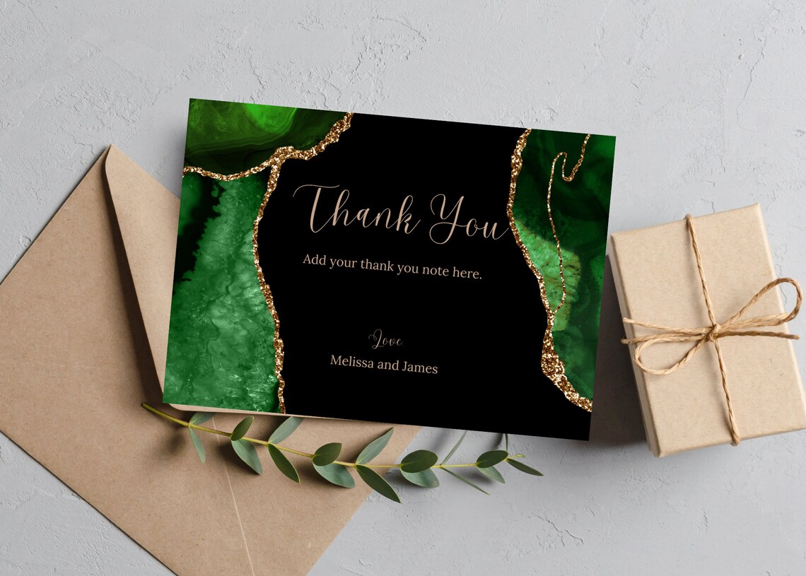 Printable Thank You Card, Editable Green and Gold Thank You Note, Green ...