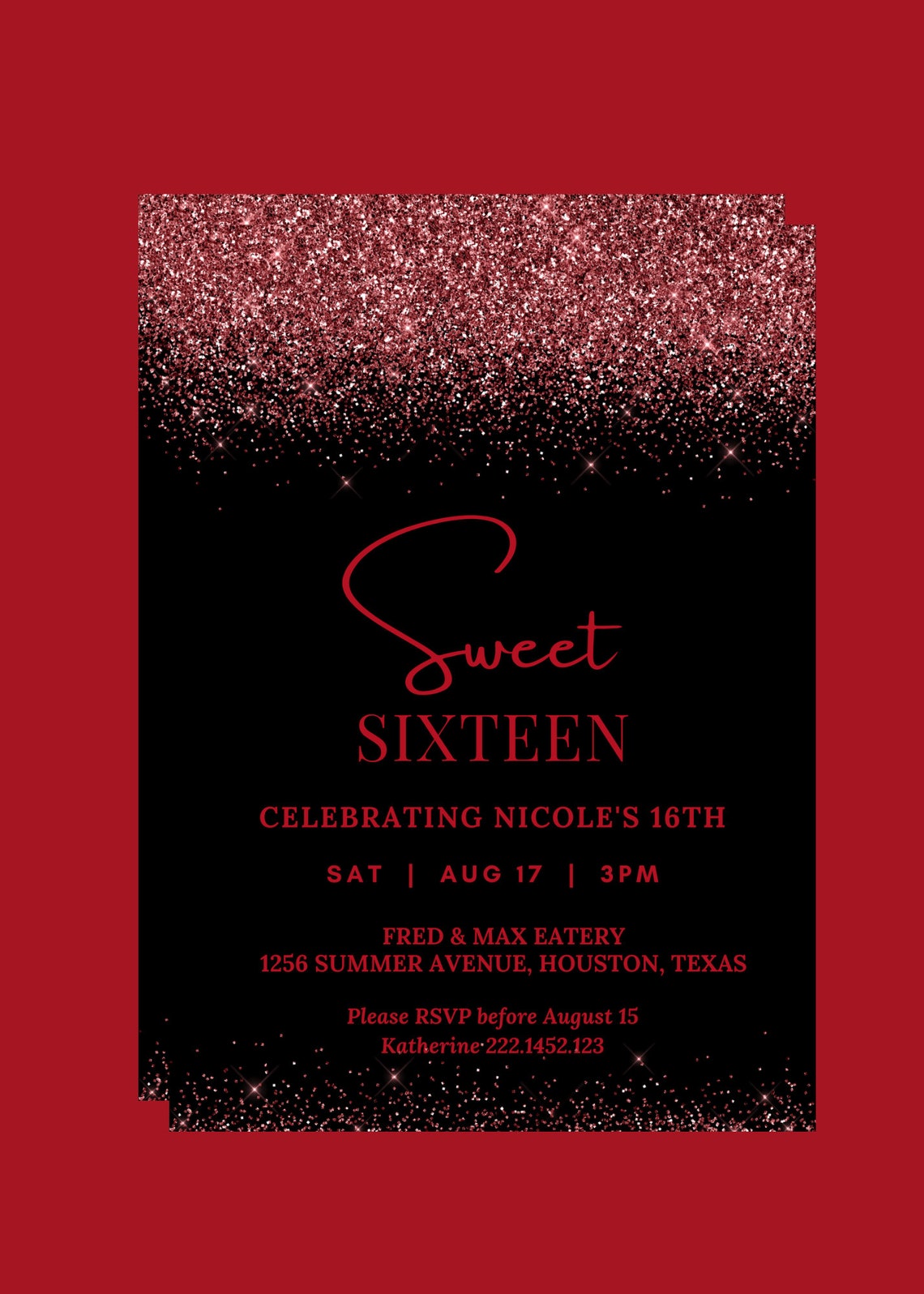 Red Glitter Sweet 16 Invitation, Editable Black Invite (digital ...