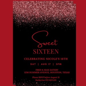 Red Glitter Sweet 16 Invitation, Editable Black Invite (digital ...