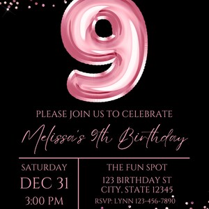Editable 9th Birthday Invitation, Pink and Black Invitation, Pink 9 ...