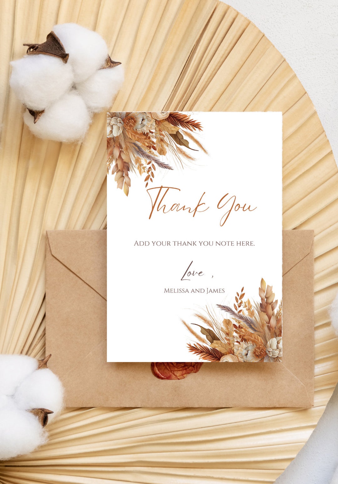 Printable Thank You Card, Editable Fall Boho Thank You Note, Pampas ...