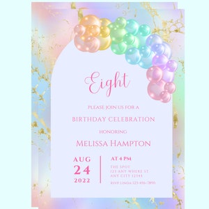 Editable Pastel Birthday Invitation, Rainbow Pastel Balloon Arch Invite ...