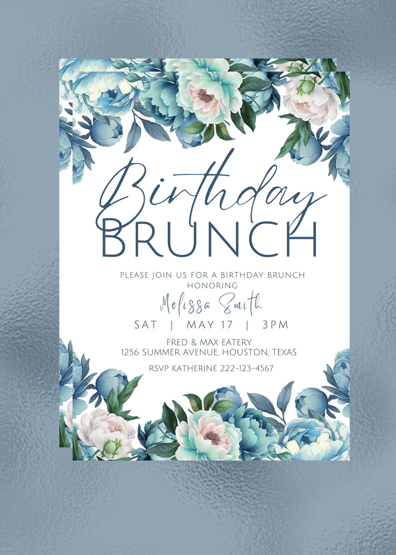 Editable Birthday Brunch Invitation, Blue Floral, Sunday Brunch, Baby ...