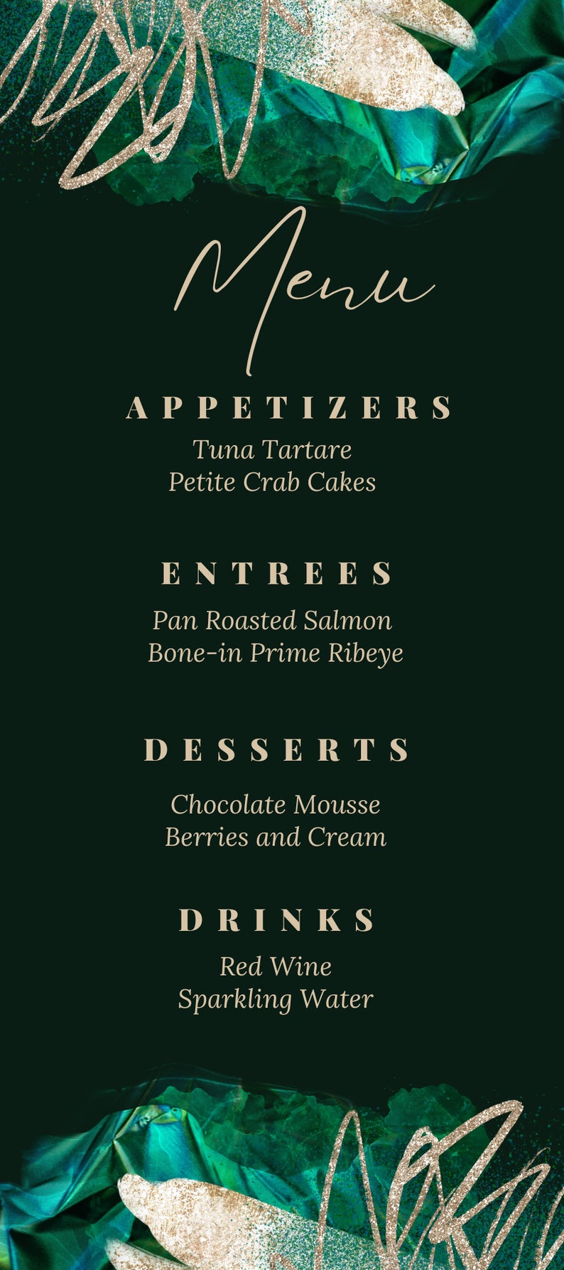 Editable Green and Gold Menu Card Template Emerald Green - Etsy