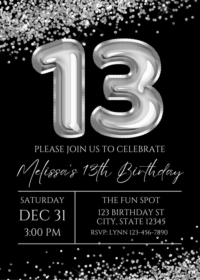 Editable 13th Birthday Invitation, Silver and Black Invitation, Silver ...