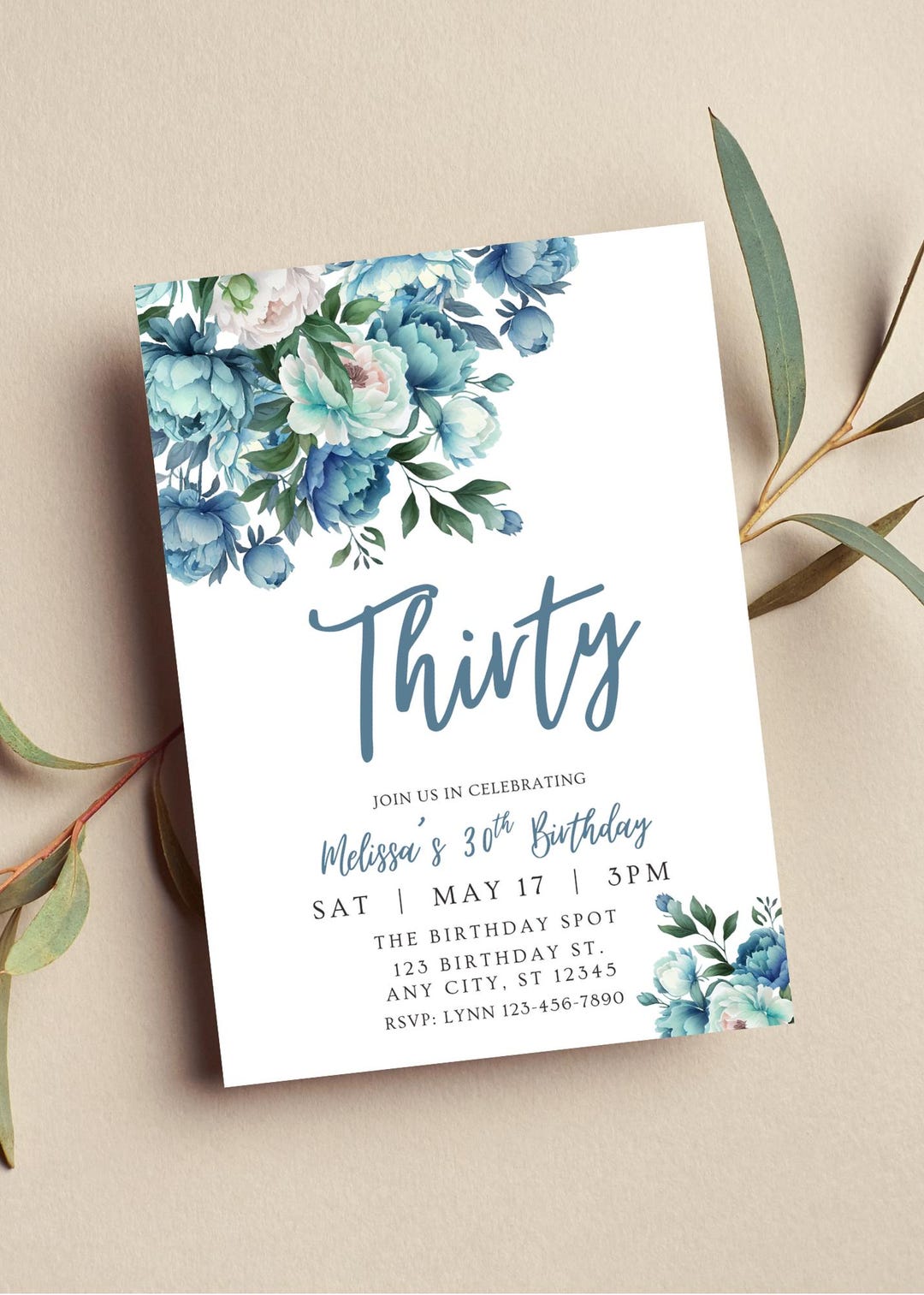 Editable Blue Floral Invitation Template, Digital Invite, Printable ...