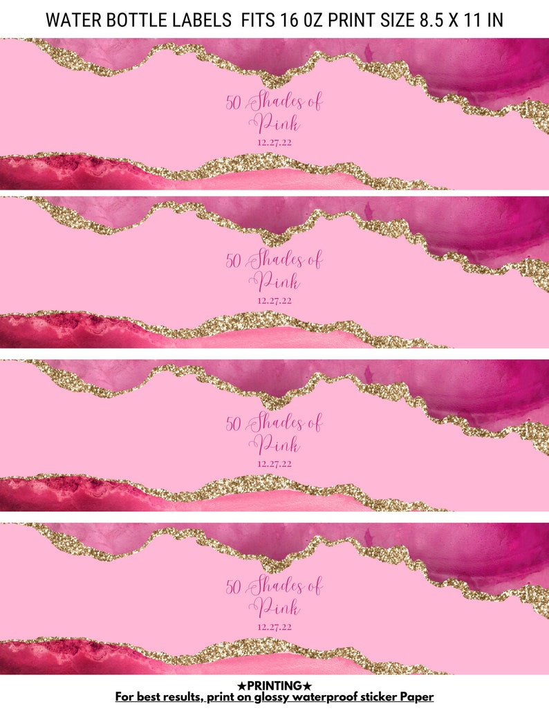 Editable Pink and Gold Water Bottle Label, Party Favor Template ...