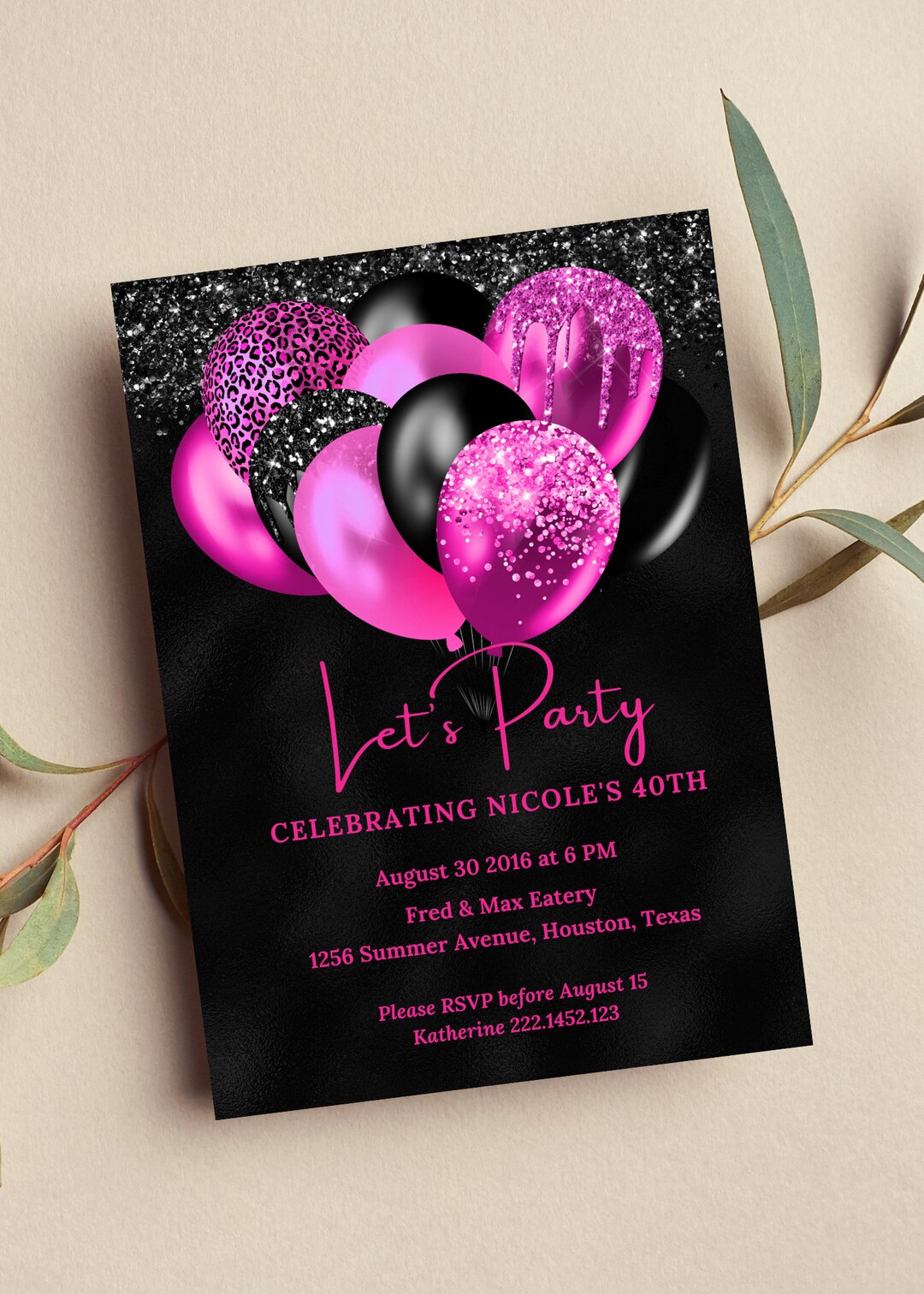 Editable Hot Pink and Black Birthday Invitation, Let's Party Pink ...