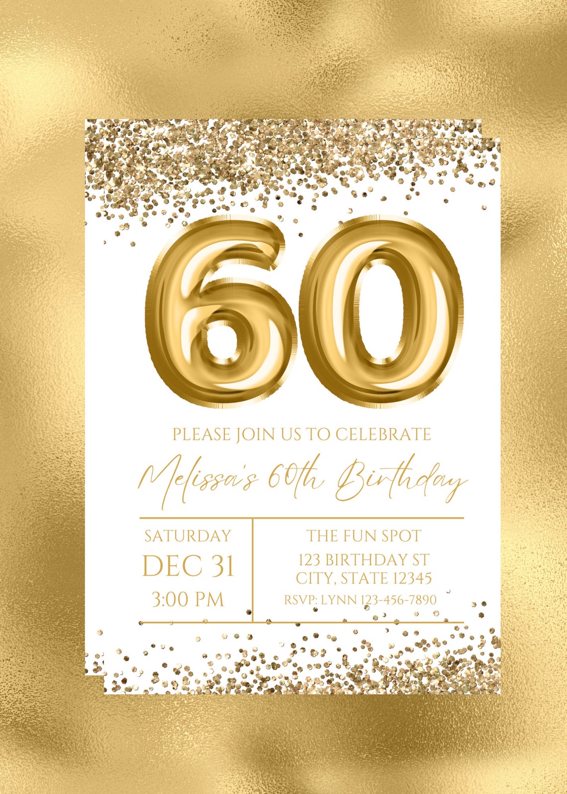 Editable 60th Birthday Invitation, White and Gold Invitation, Gold 60 ...