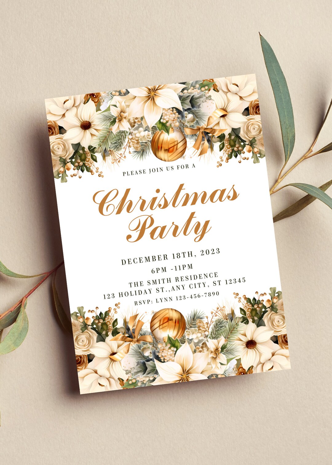 Editable Gold Christmas Party Invitation, Printable or Digital ...