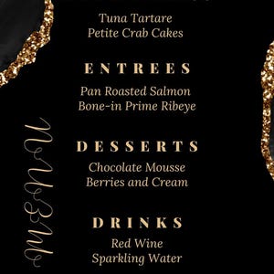 Editable Birthday Party Menu Card Template, Black and Gold Menu Cards ...