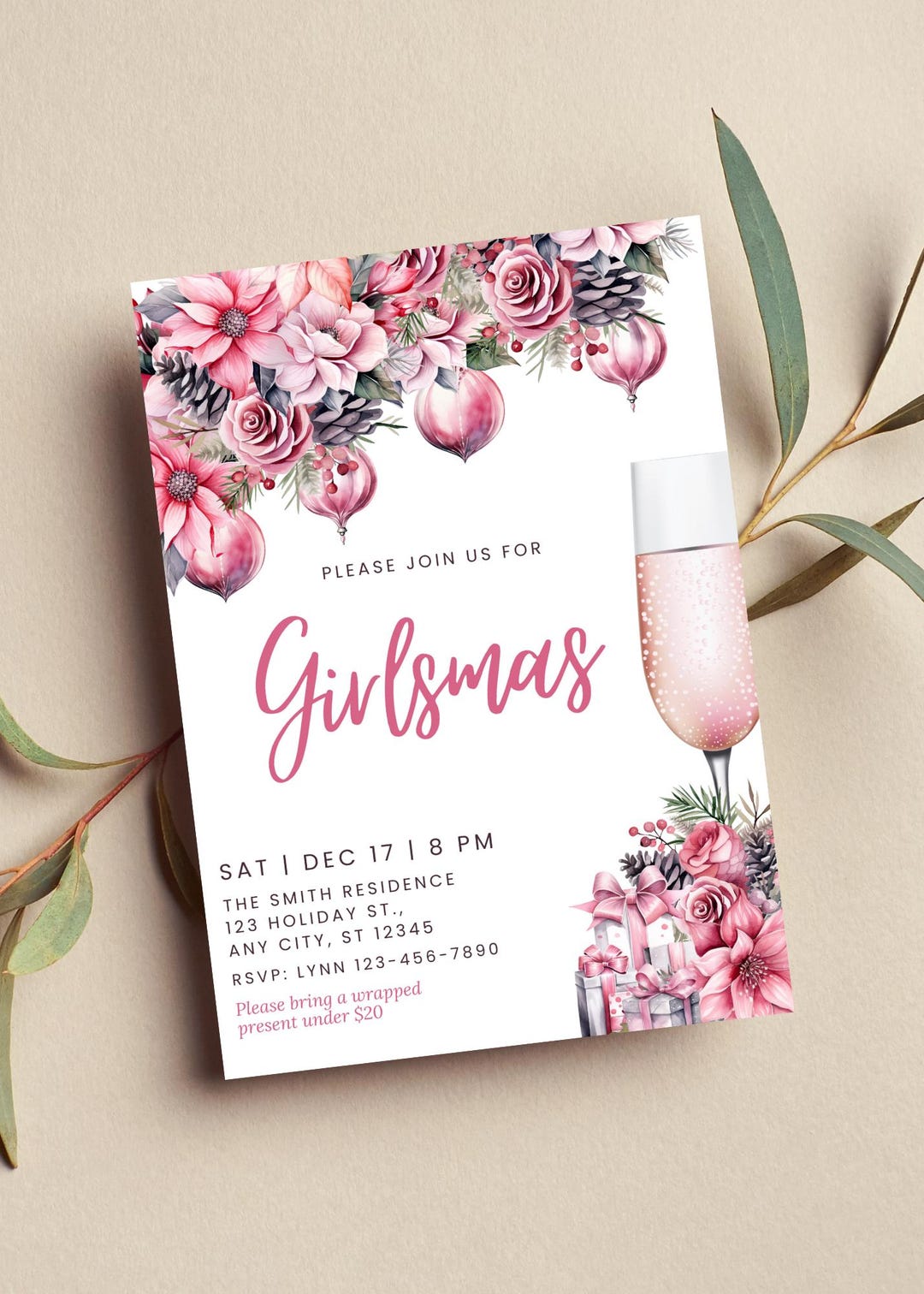 Editable Girlsmas Invitation, Girls Night Christmas, Pink, Printable or ...