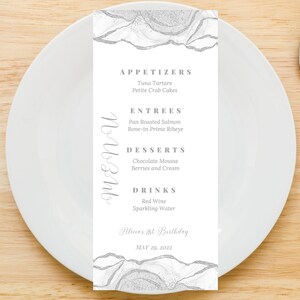 Editable Menu Card Template, White and Silver Menu Cards, Birthday ...