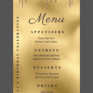 Editable Gold Menu Card Template, Gold Glitter Drip Menu Cards ...