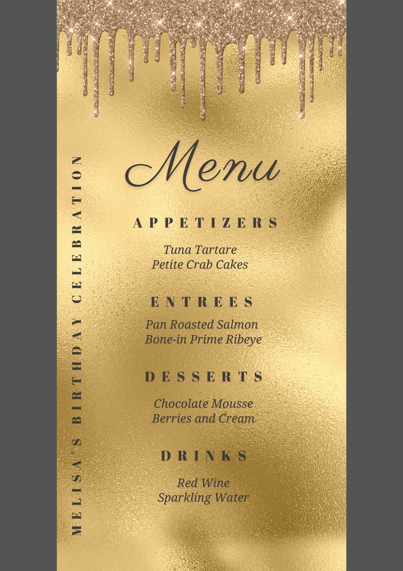 Editable Gold Menu Card Template Gold Glitter Drip Menu Card - Etsy