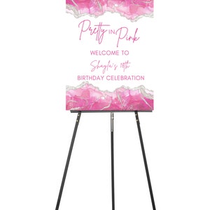 Editable Pretty in Pink Birthday Welcome Sign, Pink, Silver and White ...