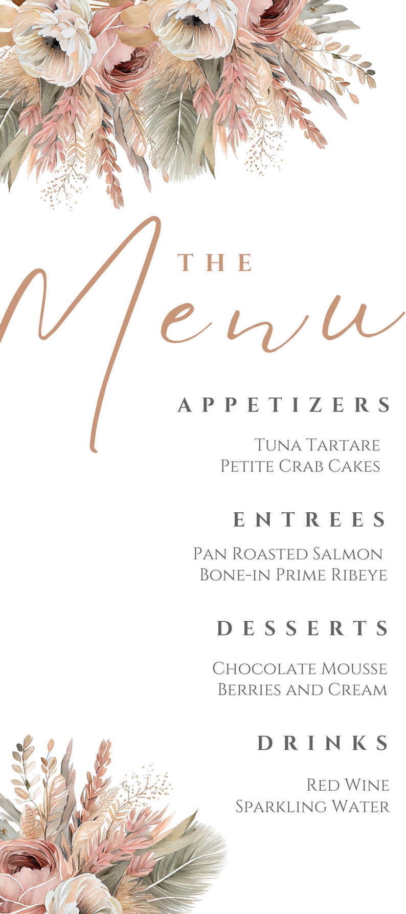 Editable Menu Card Template, Boho Menu Cards, Pampas Grass, Birthday ...