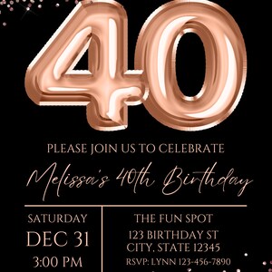 Editable Rose Gold 40th Birthday Invitation, Rose Gold and Black, Glam ...
