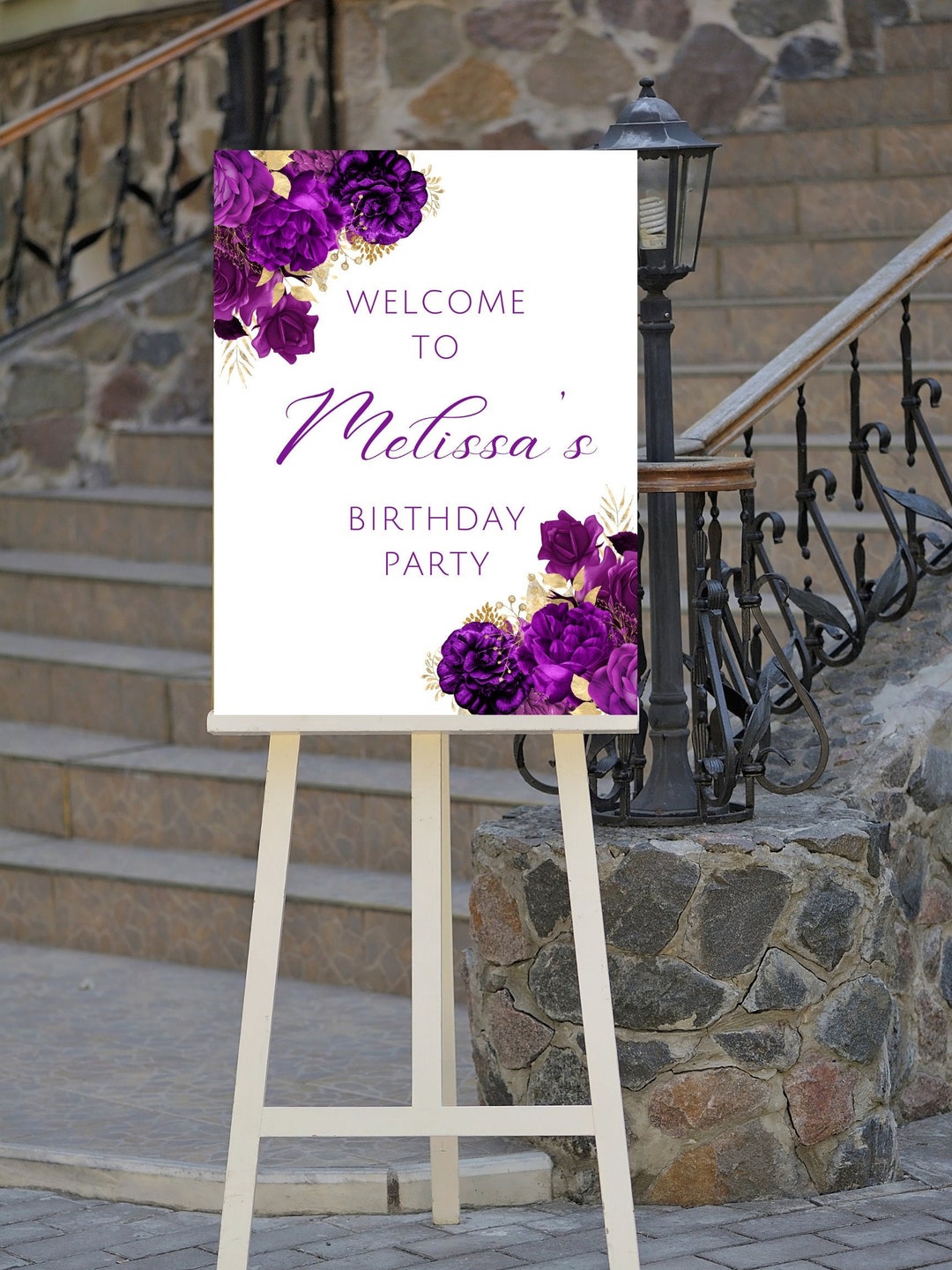 Editable Purple and Gold Birthday Welcome Sign, Floral Birthday Welcome ...