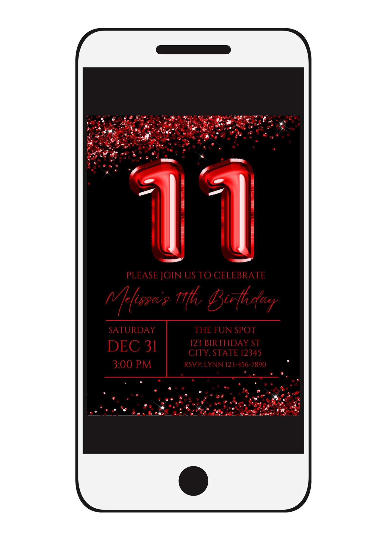 Editable 11th Birthday Invitation, Red and Black Invitation, Red 11 ...
