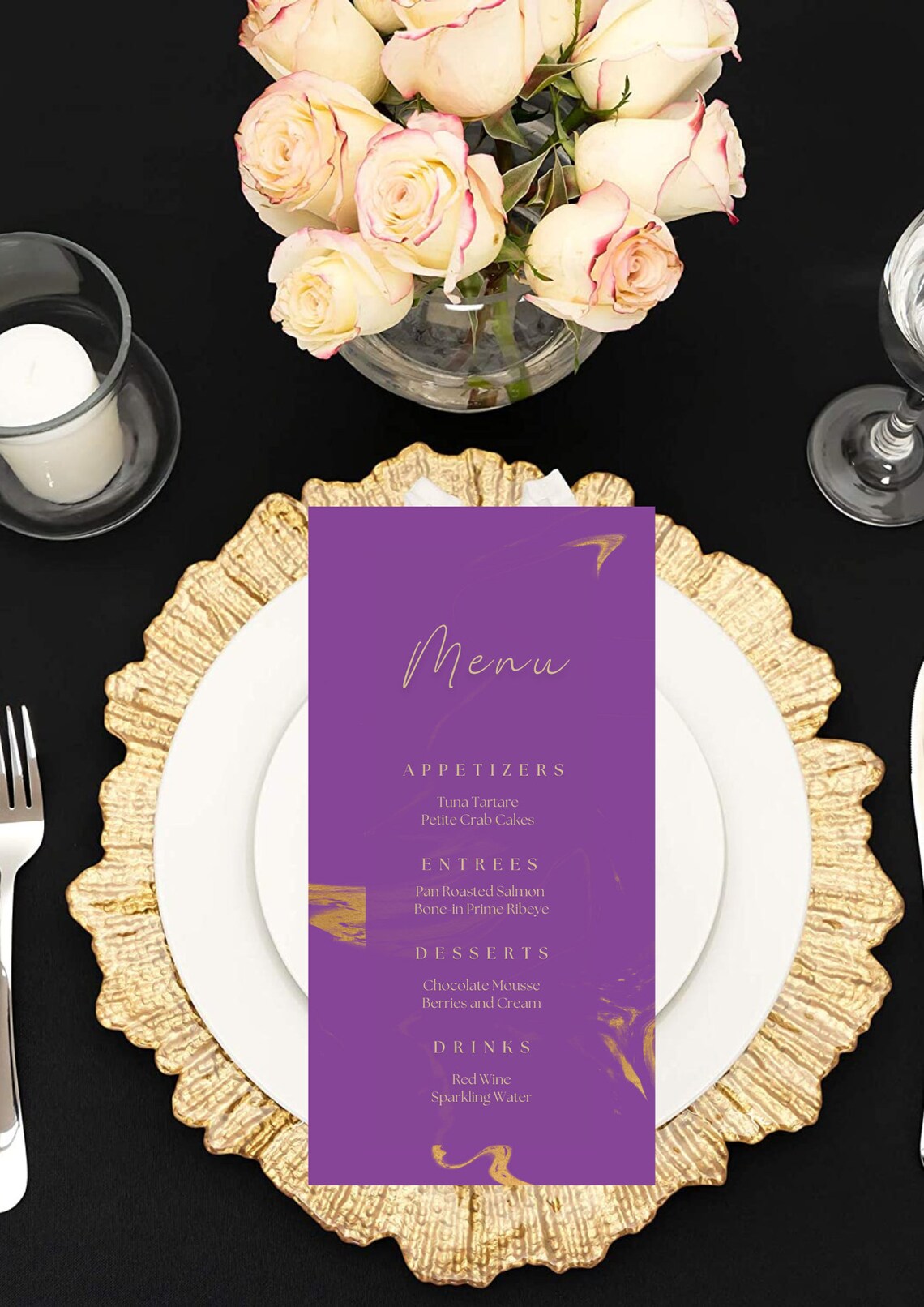 Editable Purple and Gold Menu Card Template, Marble Design, Luxury ...