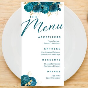 Editable Menu Card Template, Teal and Gold Menu Cards, Floral, Dinner ...