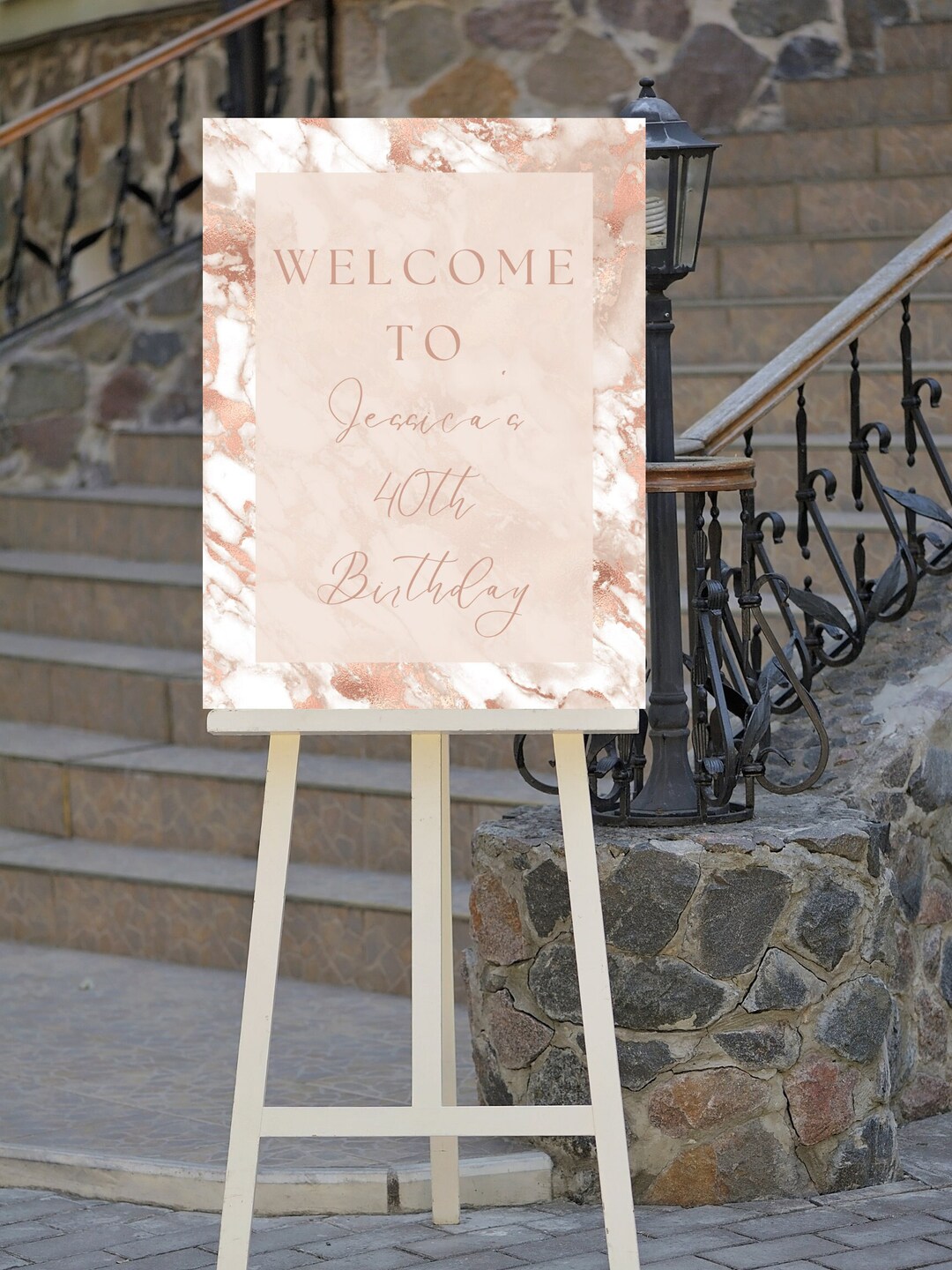Editable Rose Gold and White Birthday Welcome Sign, Marble, Luxury ...