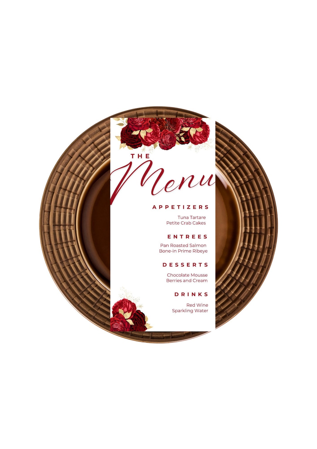 Editable Menu Card Template, Red and Gold Menu Cards, Floral, Dinner ...