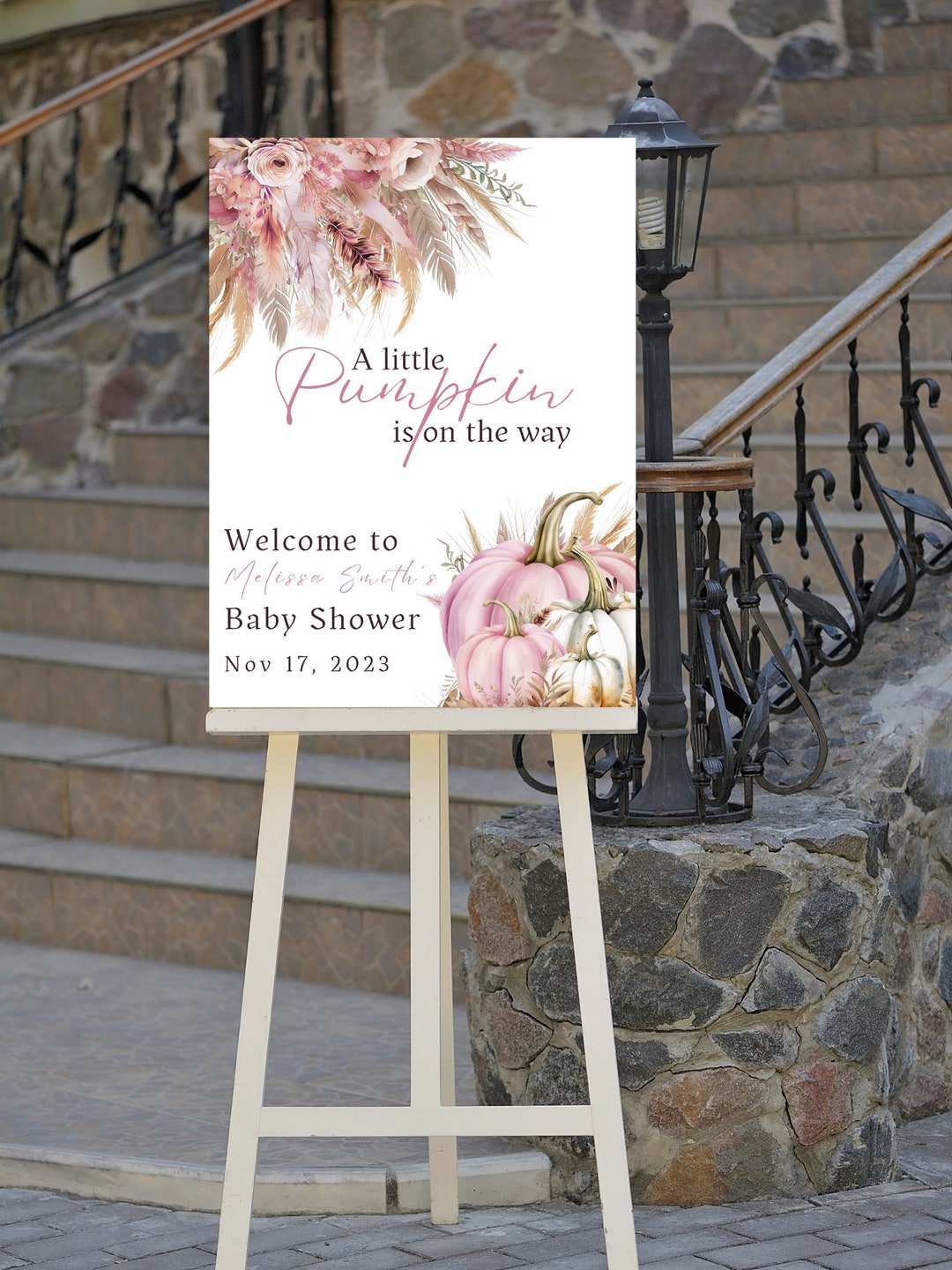Editable A Little Pumpkin on the Way Welcome Sign Pink Boho Floral ...
