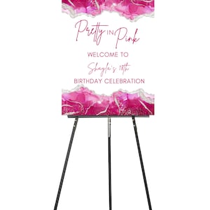 Editable Pretty in Pink Birthday Welcome Sign, Hot Pink, Silver and ...