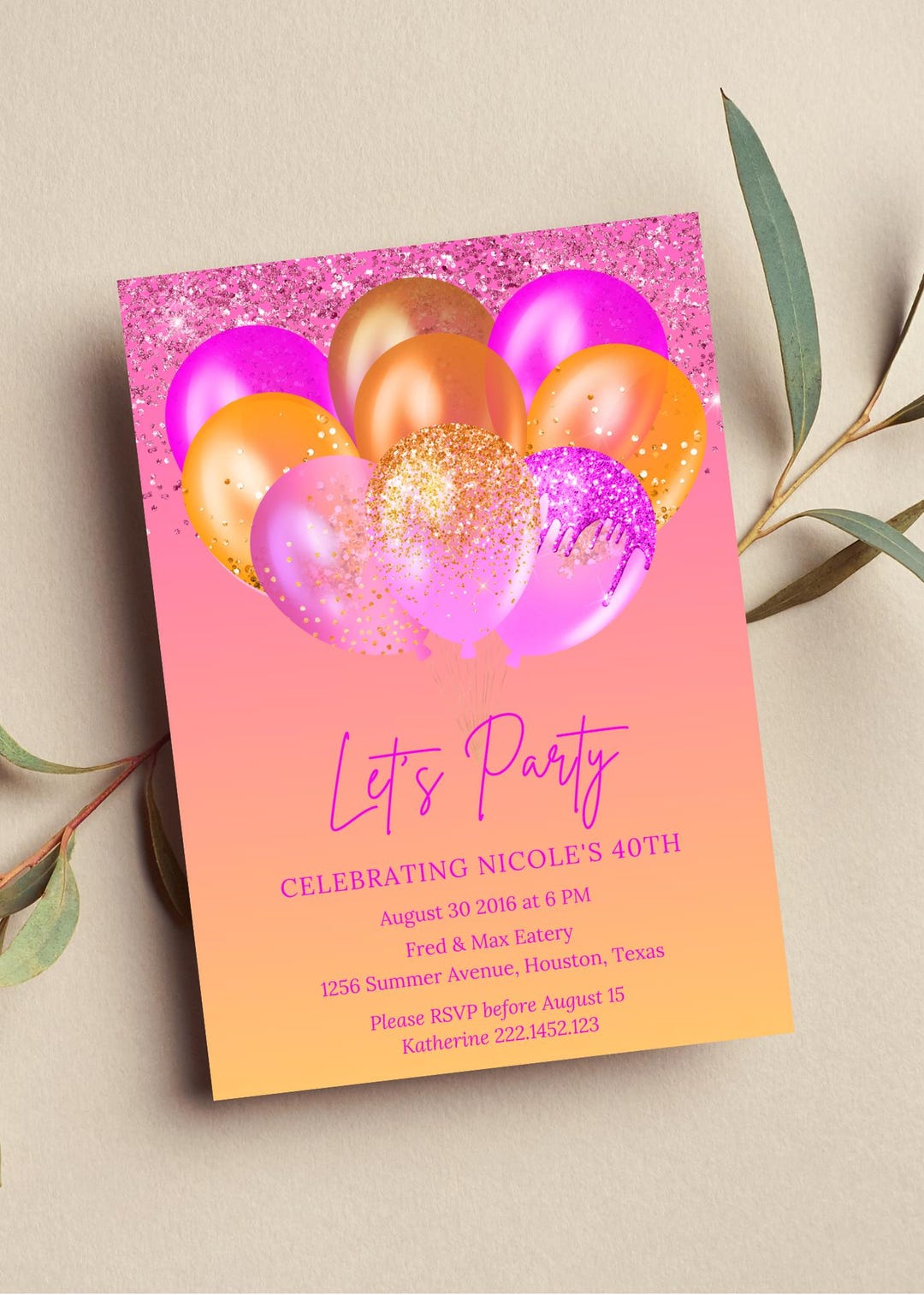 Editable Pink and Orange Birthday Invitation, Let's Party Balloons ...