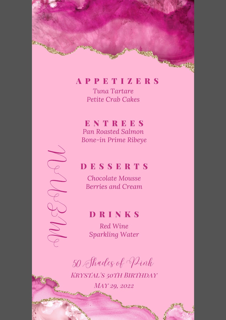 Editable Shades of Pink Menu Card Template Pink Menu Card - Etsy