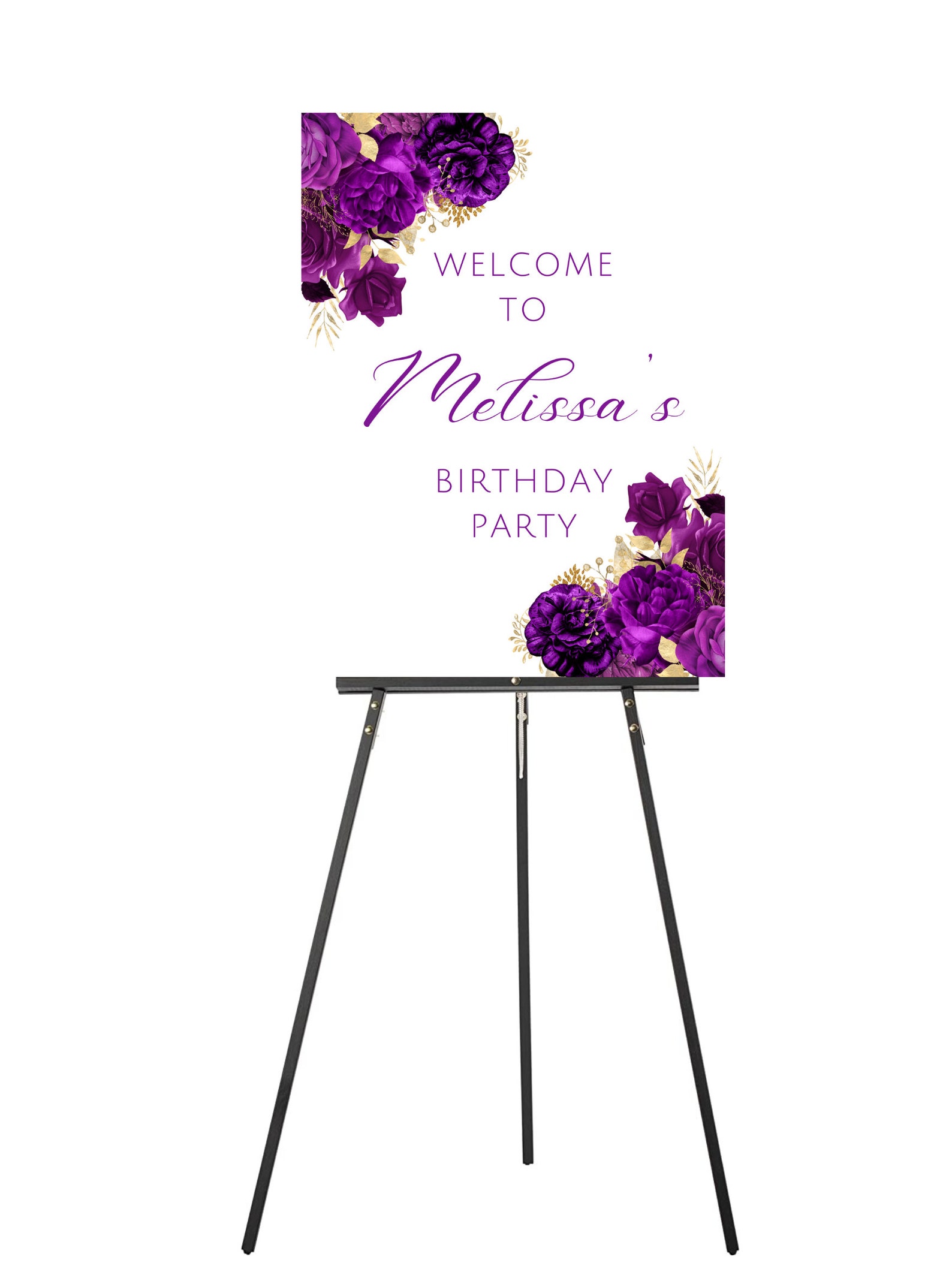 Editable Purple and Gold Birthday Welcome Sign, Floral Birthday Welcome ...