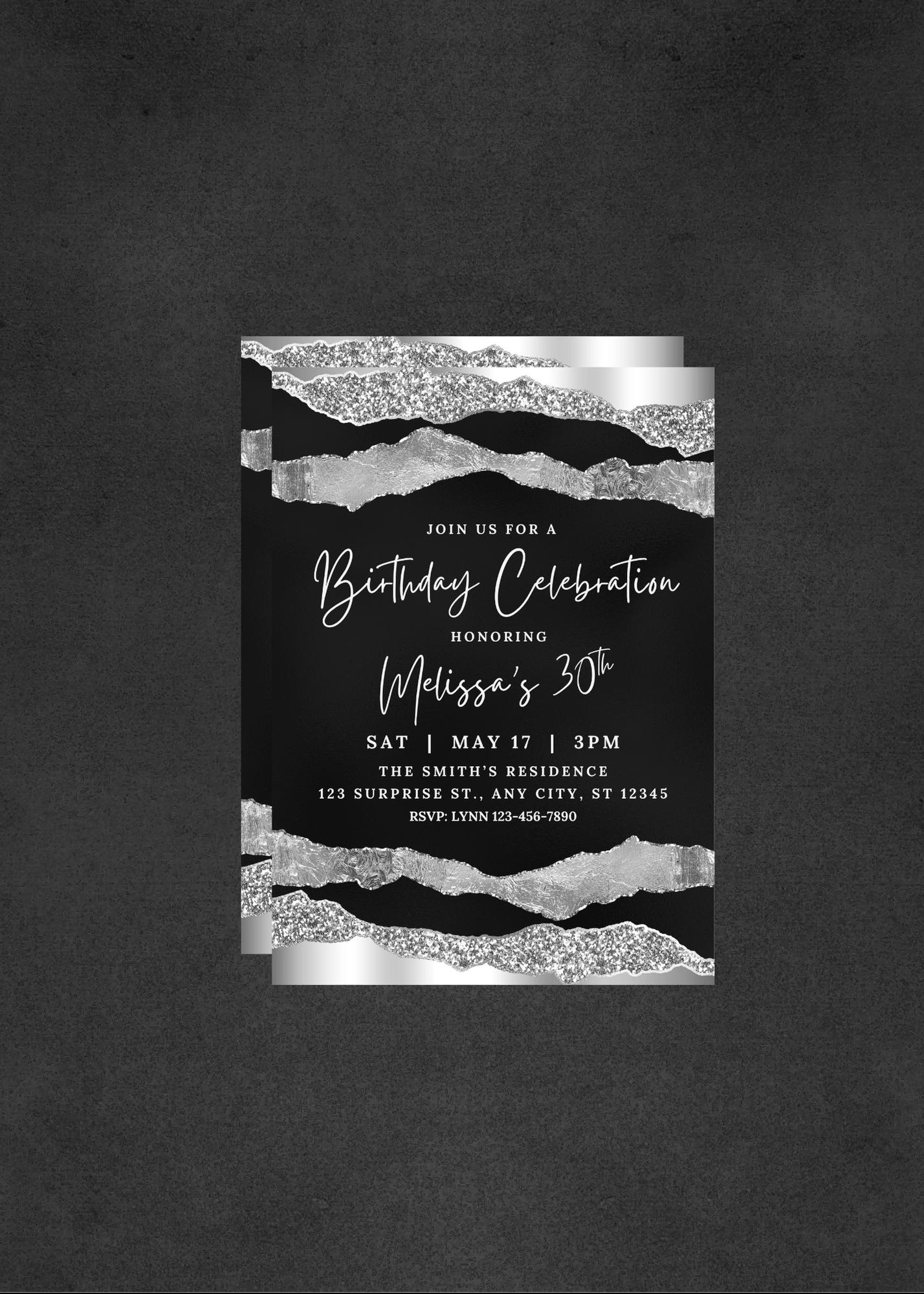 Elegant Black and Silver Birthday Invitation, Editable, Printable or ...