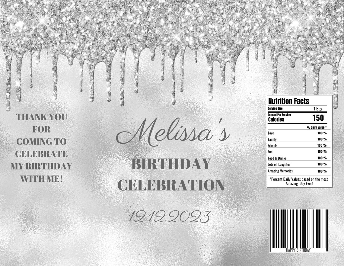 Editable Birthday Chip Bag, Silver Chip Bag, Party Decor, Party Favor ...