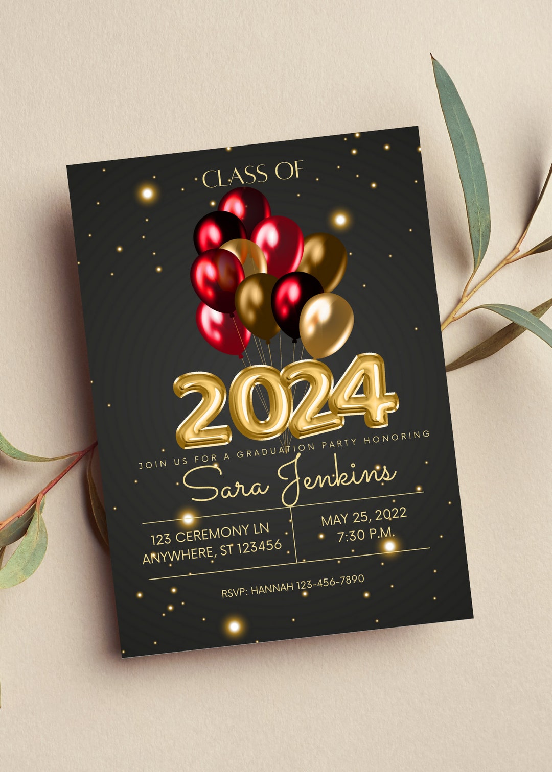 Editable Graduation Invitation 2024, Red and Gold Balloons Graduation ...