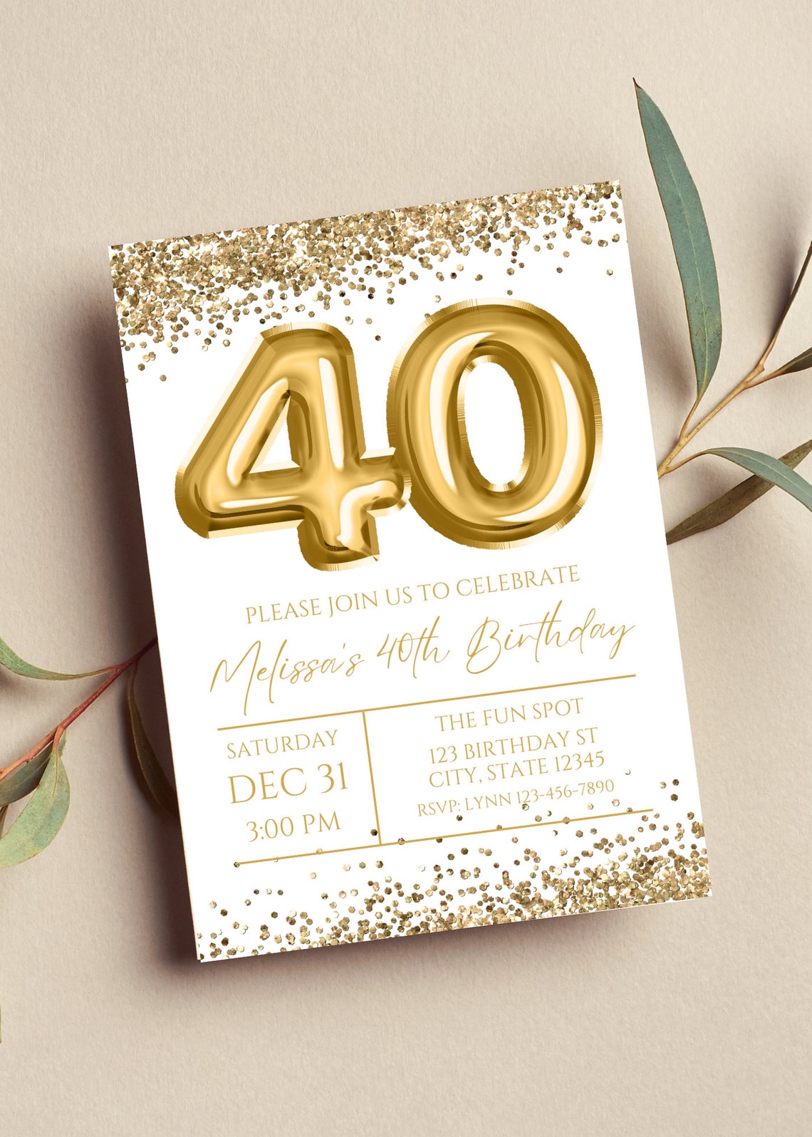 Editable 40th Birthday Invitation, White and Gold Invitation, Gold 40 ...