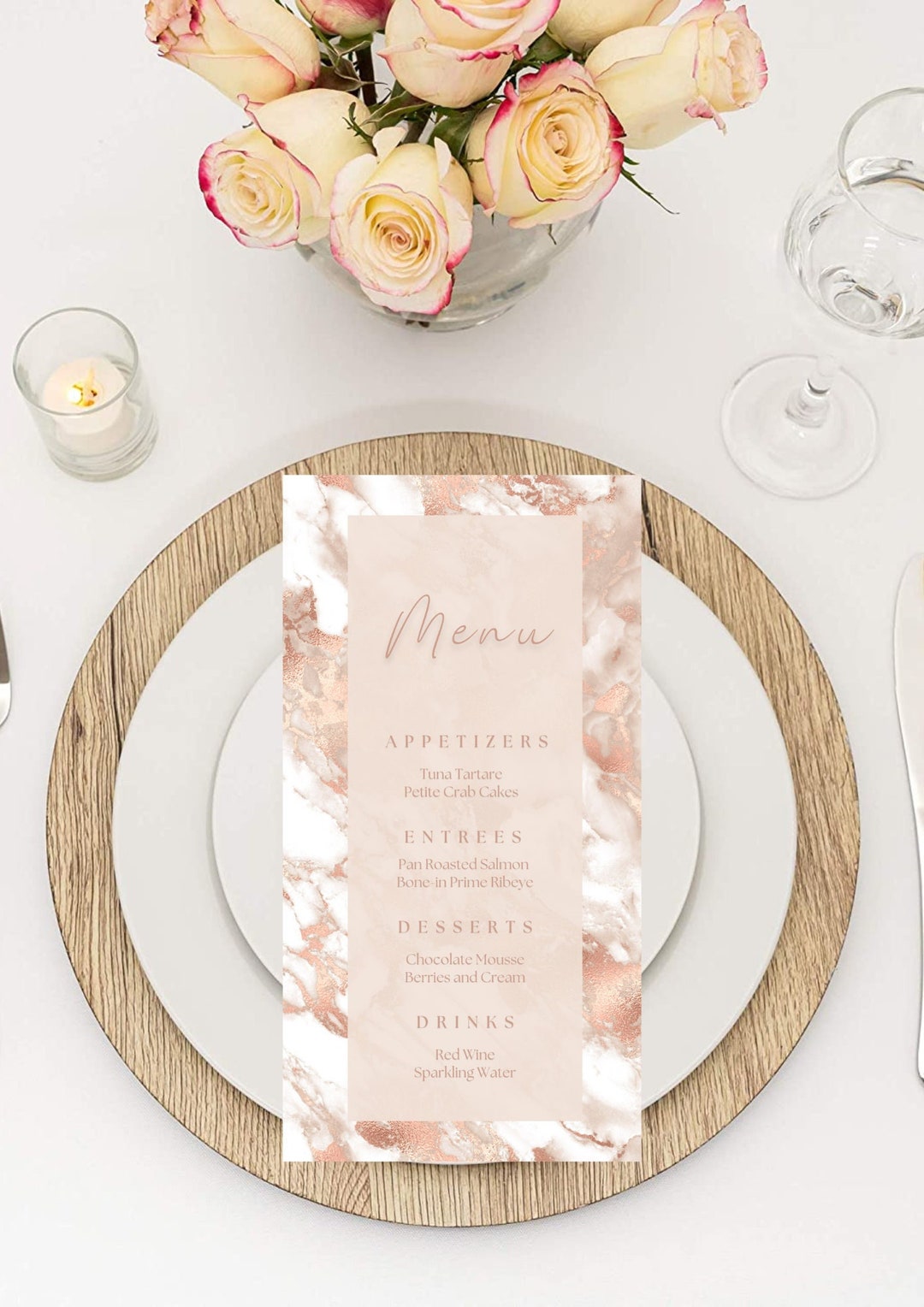 Editable White and Rose Gold Menu Card Template, Marble Design, Luxury ...