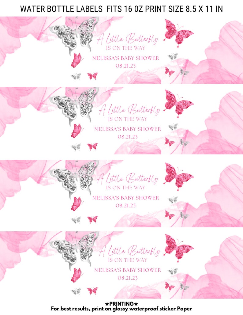 Editable Butterfly Water Bottle Label Template Pink and - Etsy