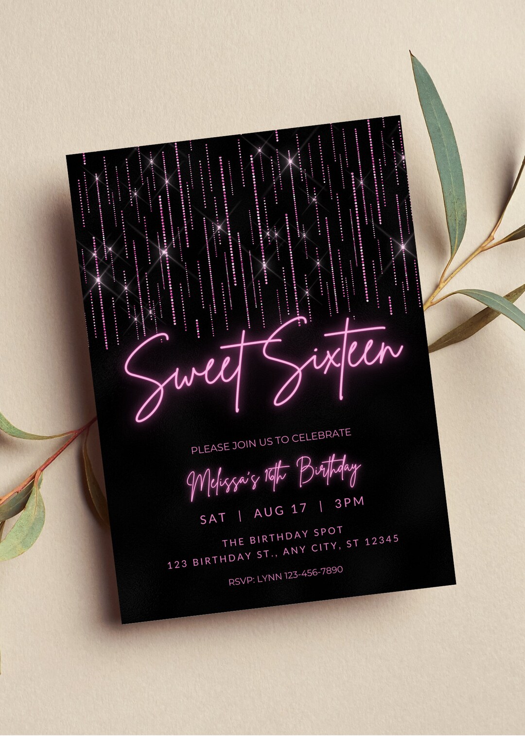 Editable Sweet 16 Birthday Invitation, Pink and Black Invitation, Neon ...