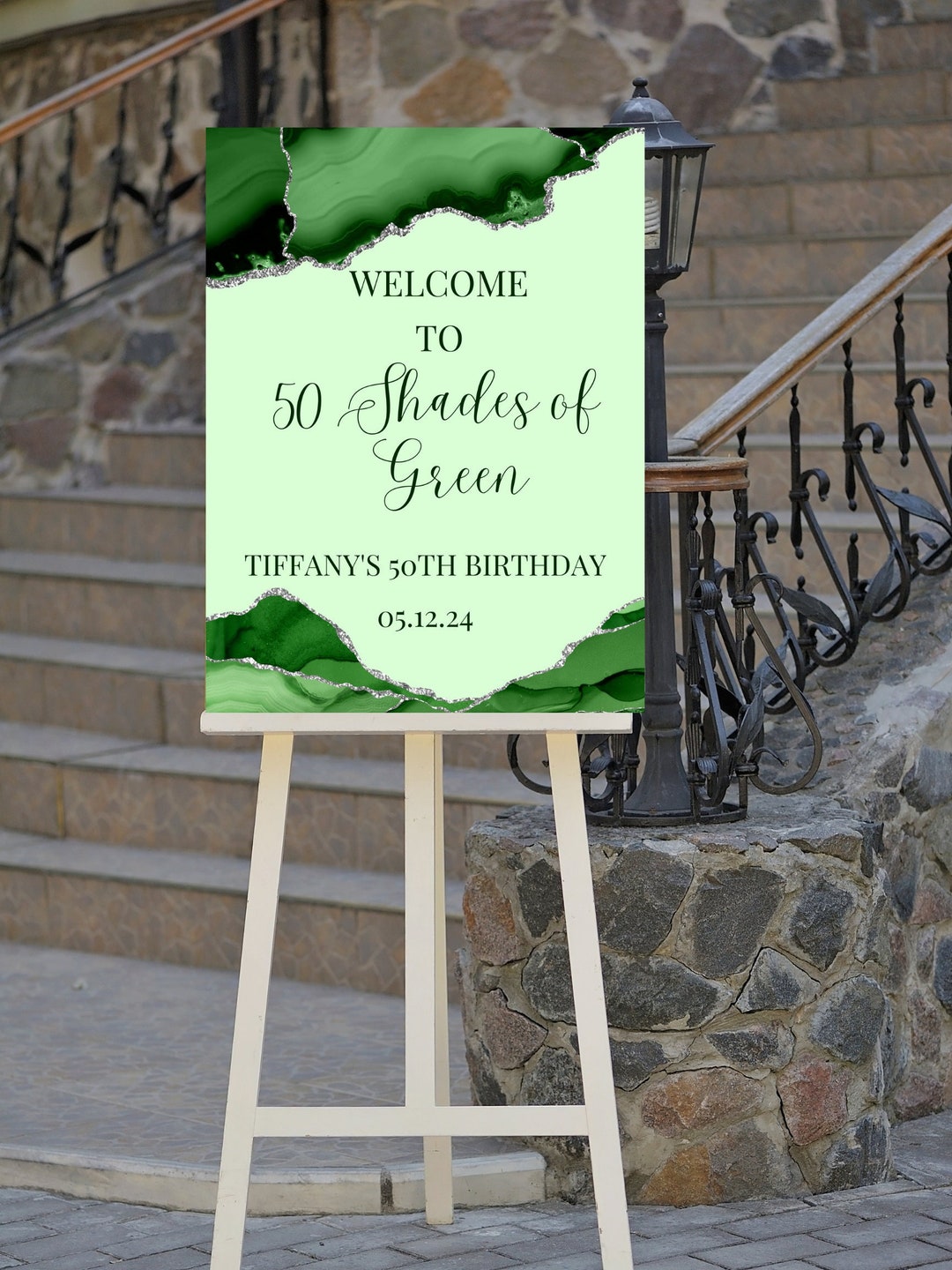 Editable Shades of Green Birthday Welcome Sign, Green and Silver ...