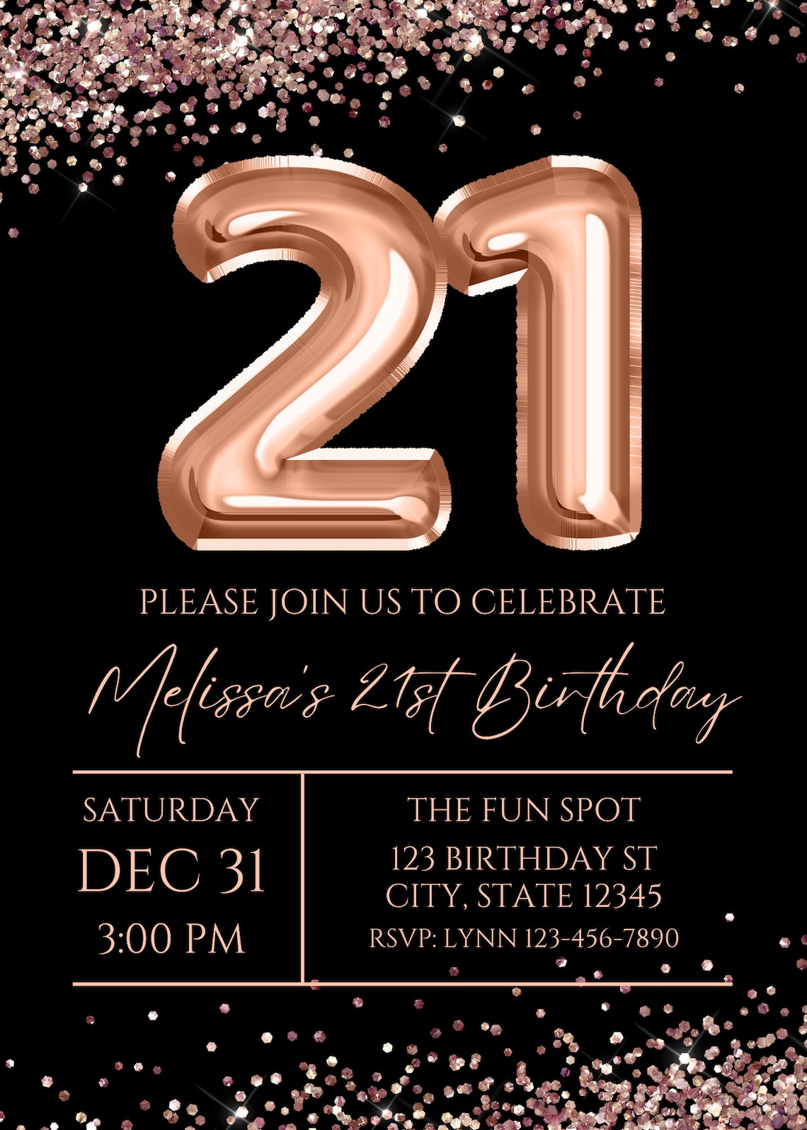Editable 21st Birthday Invitation, Rose Gold and Black Invitation, Rose ...