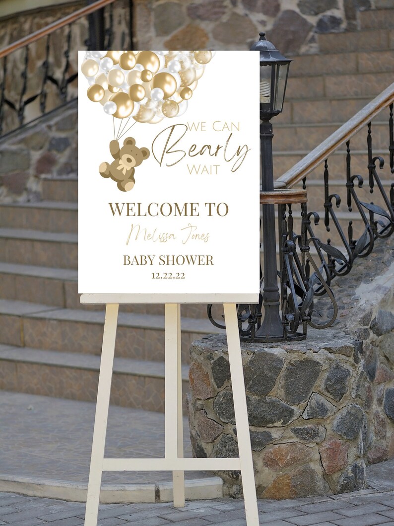 Editable We Can Bearly Wait Baby Shower Welcome Sign Bear and Balloons ...